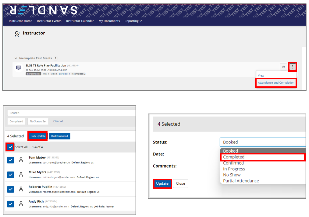 Bulk Select on Attendance and Completion – Sandler Help Center in Zendesk