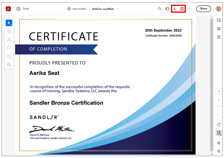 Printing or Downloading A Certificate – Sandler Help Center in Zendesk